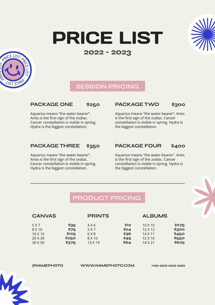 Free Cool Freelance Photographer Price List Template