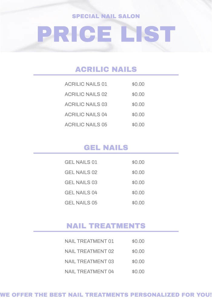Free Pastel Modern Marble Special Acrylic Nails Price List Template Free Pastel Modern Marble Special Acrylic Nails Price List Template
