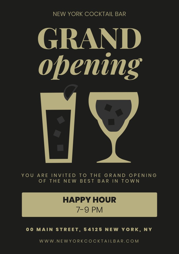 Free Elegant Flat New York Cocktail Bar Grand Opening Invitation 