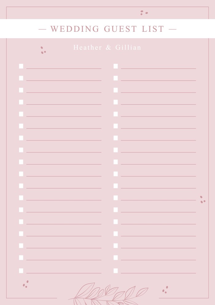 Free Elegant Pink Wedding Guest List Template