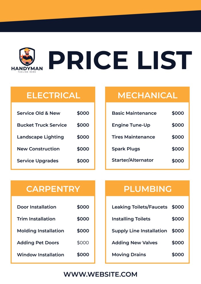 Free Professional Handyman Company Price List Template