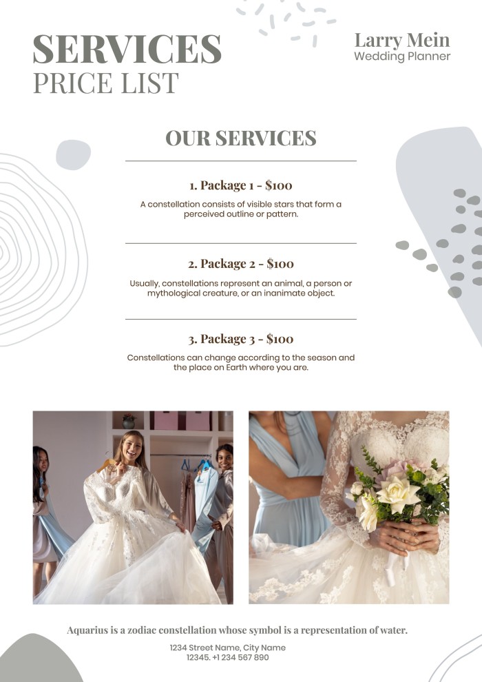 Personalize This Abstract Wedding Planner Services Price List Template 