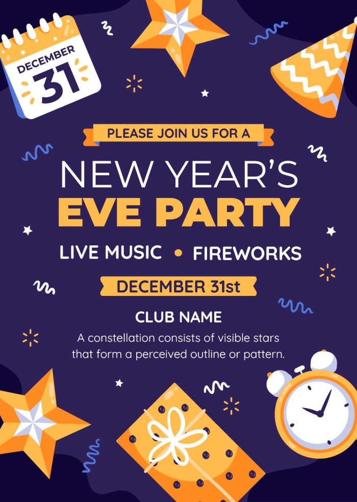 Free Hand drawn Club New Year Party Invitation Template