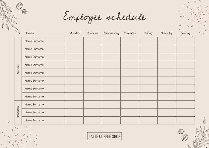 Free Latte Coffee Shop Employee Schedule Template