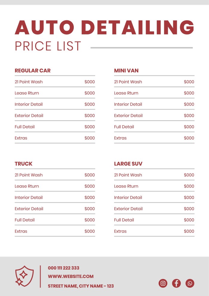 Price Guide Car Detailing Price List Template