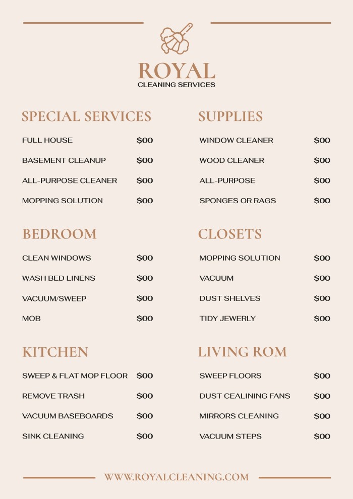 Edit And Get This Elegant Royal Cleaning Services Price List Template 