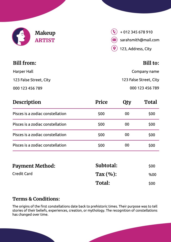 Edit And Get This Duotone Freelance Make Up Artist Invoice Template For 