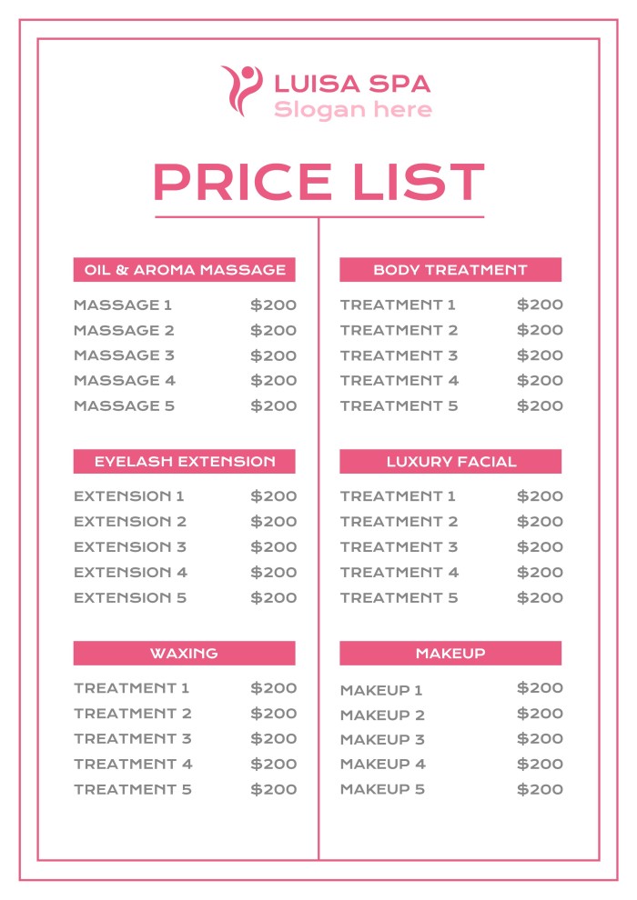 Free Simple Luisa Spa Price List Template To Customize Free Simple Luisa Spa Price List Template To Customize